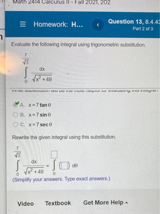 Solved Math 2414 Calculus II - Fall 2021, 202 = Homework: | Chegg.com