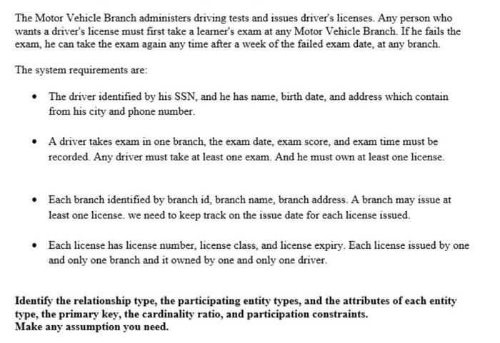 The Motor Vehicle Branch administers driving tests | Chegg.com