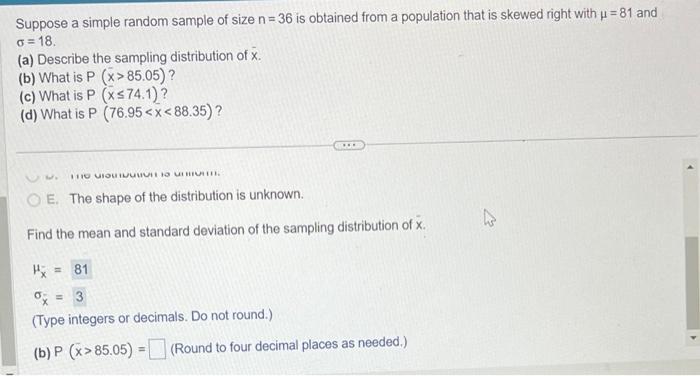 Solved Suppose a simple random sample of size n=36 is | Chegg.com