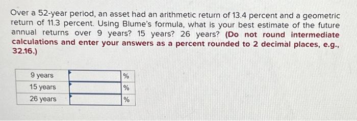Solved Over a 52-year period, an asset had an arithmetic | Chegg.com