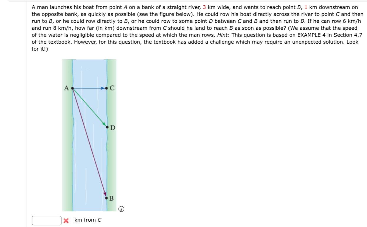 Solved A man launches his boat from point A ﻿on a bank of a | Chegg.com