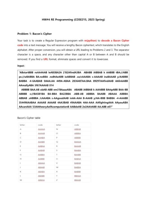 Solved Problem 1: Bacon's CipherYour task is to create a | Chegg.com
