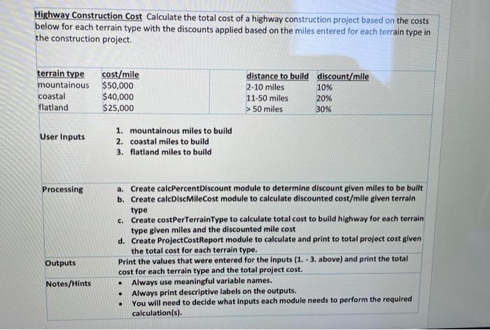 Solved Highway Construction Cost Calculate the total cost of | Chegg.com
