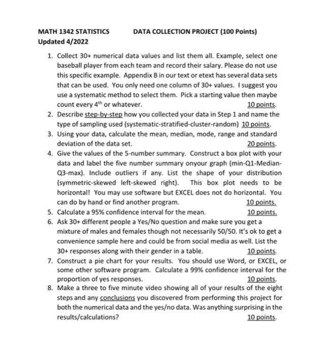 Solved MATH 1342 STATISTICS DATA COLLECTION PROJECT (100 | Chegg.com