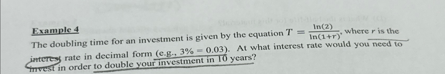 Solved Example 4The doubling time for an investment is given | Chegg.com