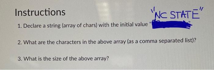 Solved Instructions 1. Declare a string (array of chars) | Chegg.com