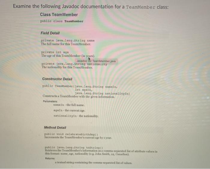 Solved Examine the following Javadoc documentation for a | Chegg.com