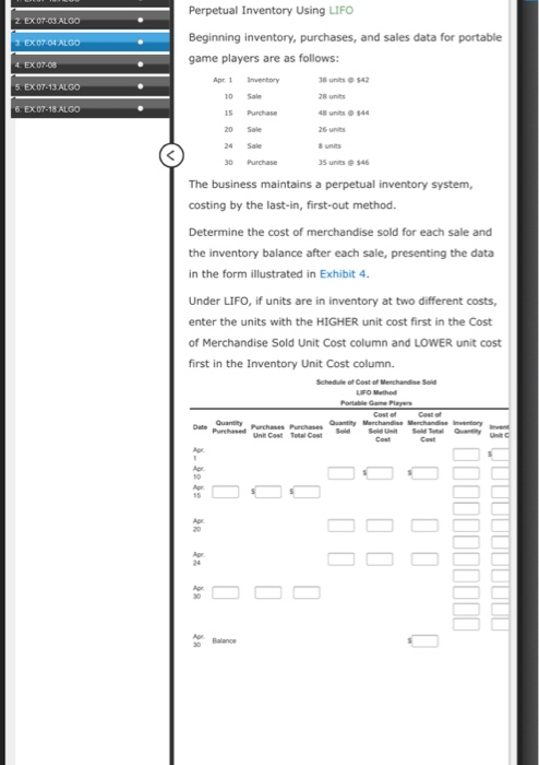 Solved Perpetual Inventory Using LIFO 2 EXOT-03 ALGO 3. | Chegg.com