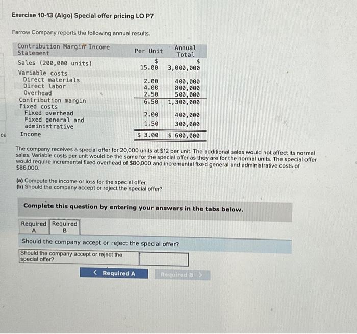 Solved Exercise 10-13 (Algo) Special offer pricing LO P7 | Chegg.com