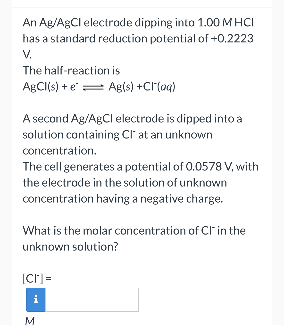 Solved AnAgAgCl ﻿electrode dipping into 1.00MHCl ﻿has a | Chegg.com