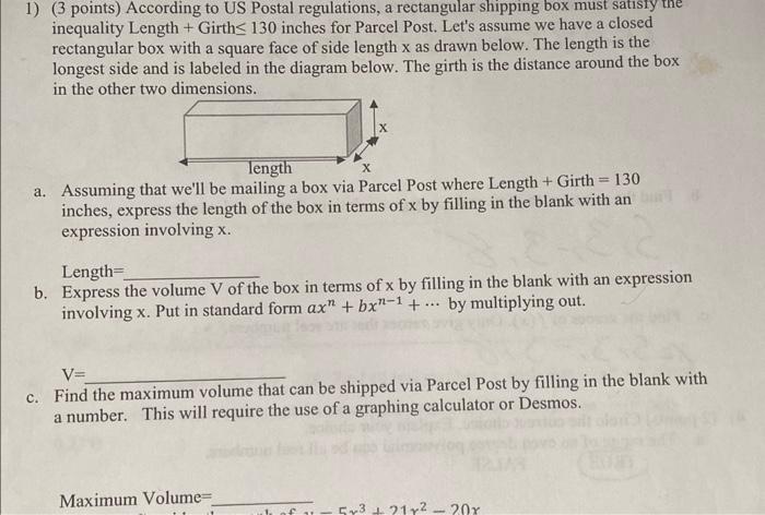 Solved inequality Length + Girth ≤130 inches for Parcel | Chegg.com