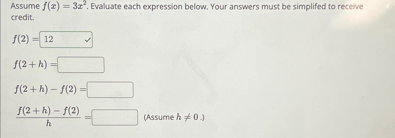 Solved Assume f(x)=3x2. ﻿Evaluate each expression below. | Chegg.com