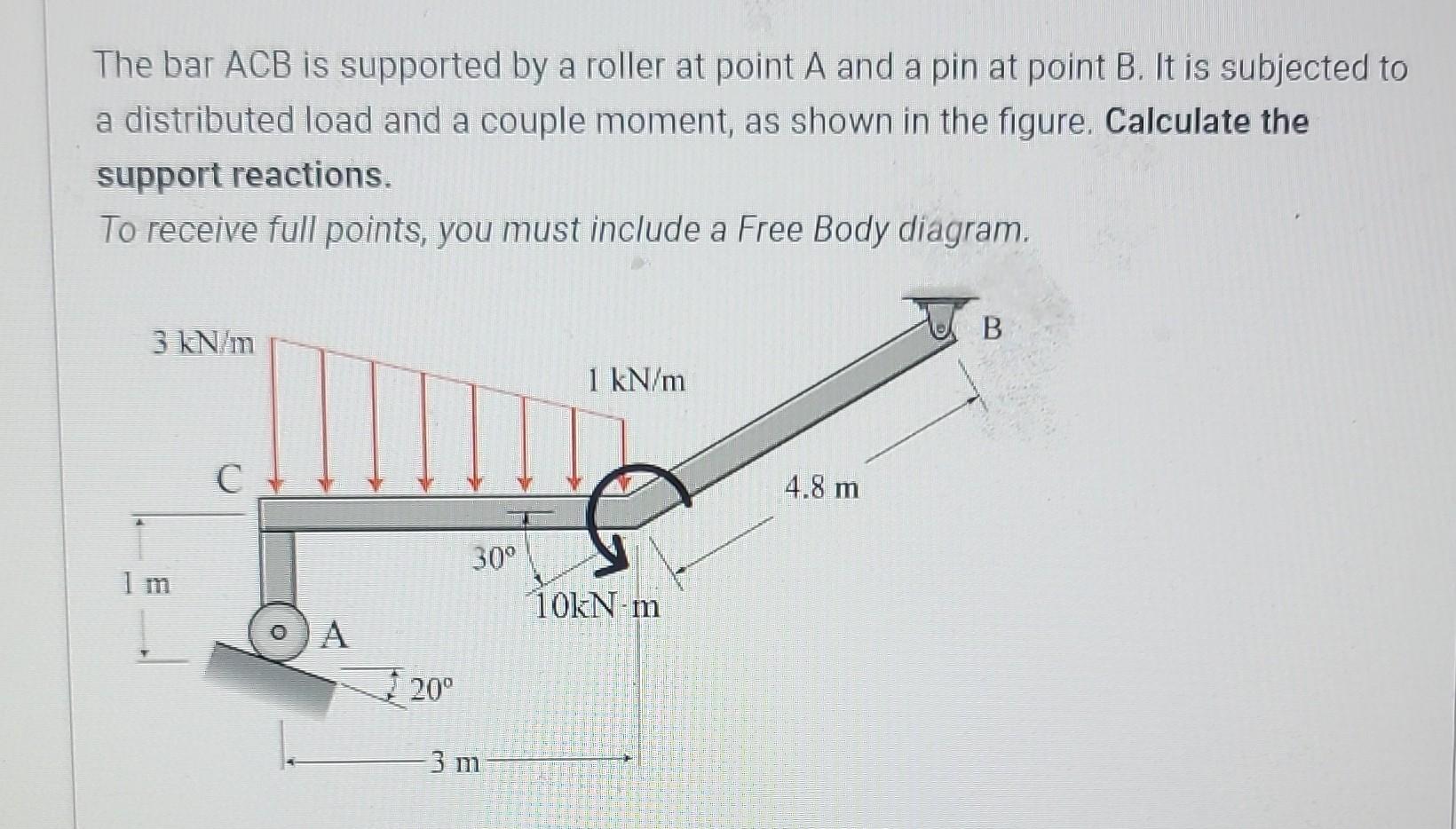 Solved The bar ACB is supported by a roller at point A and a | Chegg.com