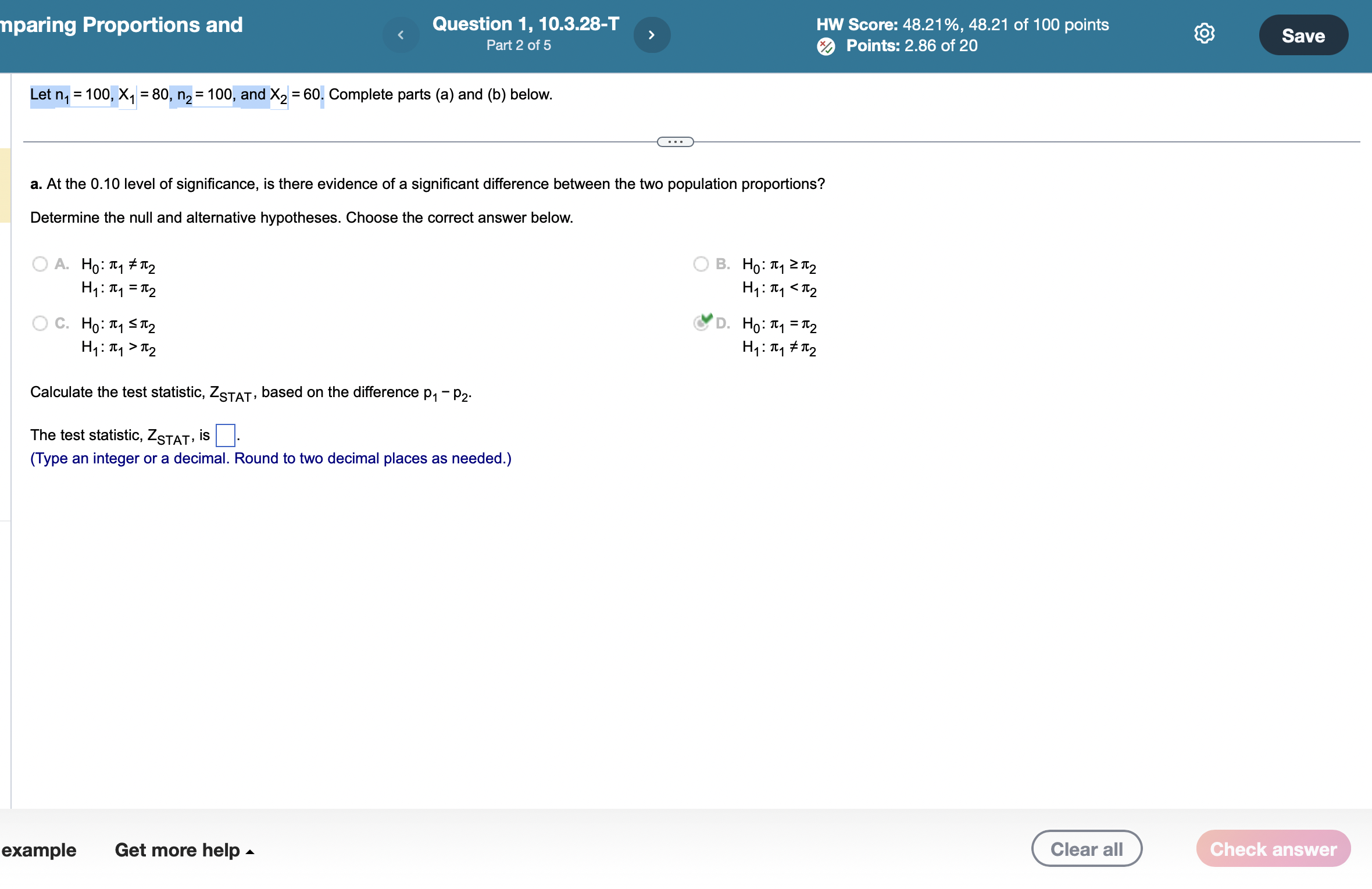 Solved Let n Subscript 1equals=100, ﻿Upper X 1equals=80 , ﻿n | Chegg.com