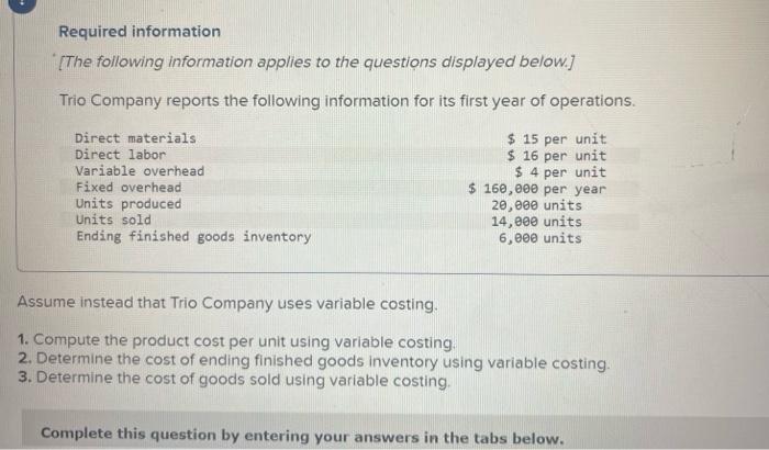 Solved Compute The Product Cost Per Unit Using Variable 6659