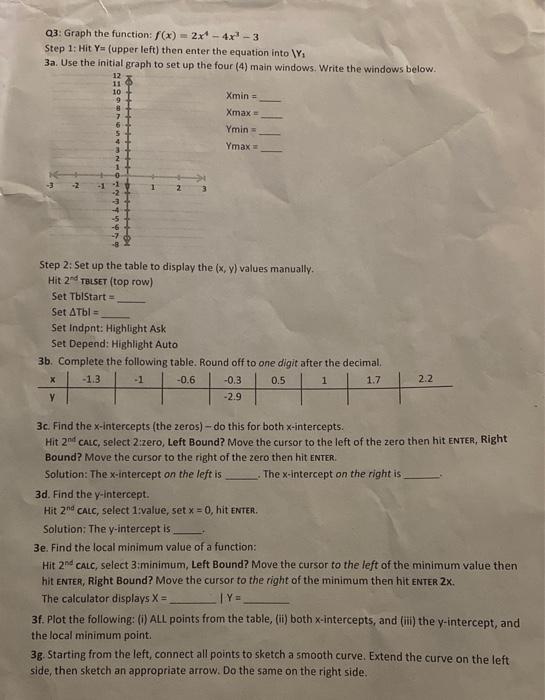 Solved Q3: Graph the function: f(x)=2x4−4x3−3 Step 1: Hit Y= | Chegg.com