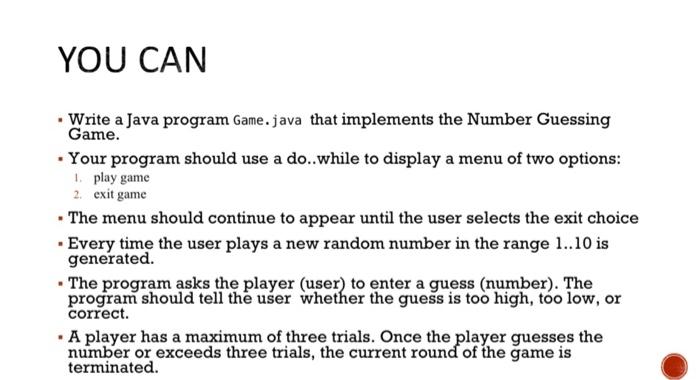 Solved - Write a Java program Game. java that implements the | Chegg.com