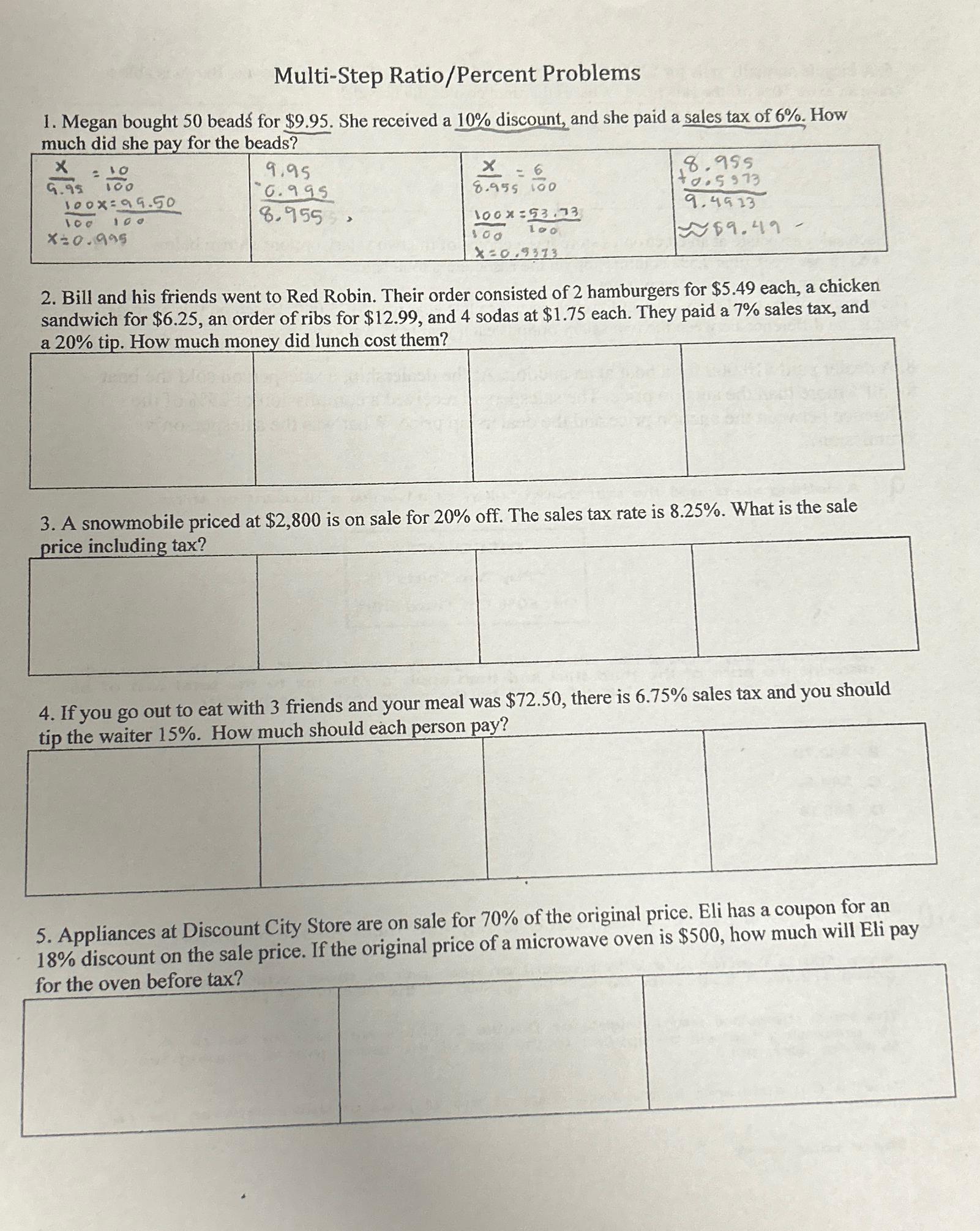 Solved Multi-Step Ratio/Percent ProblemsMegan bought 50 | Chegg.com