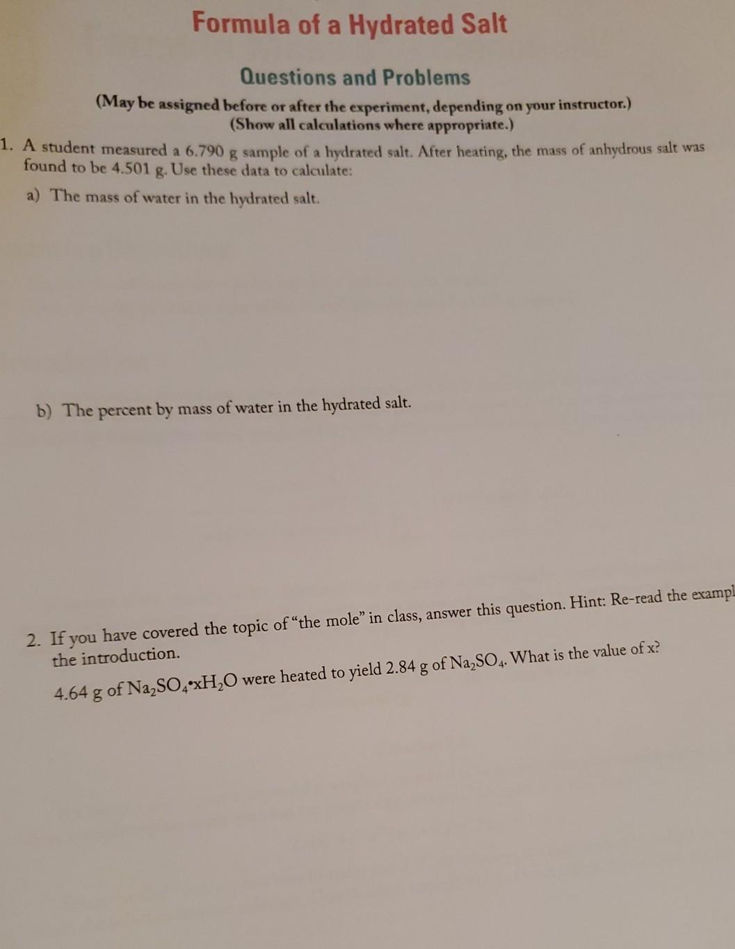 Solved Formula of a Hydrated Salt Questions and Problems | Chegg.com
