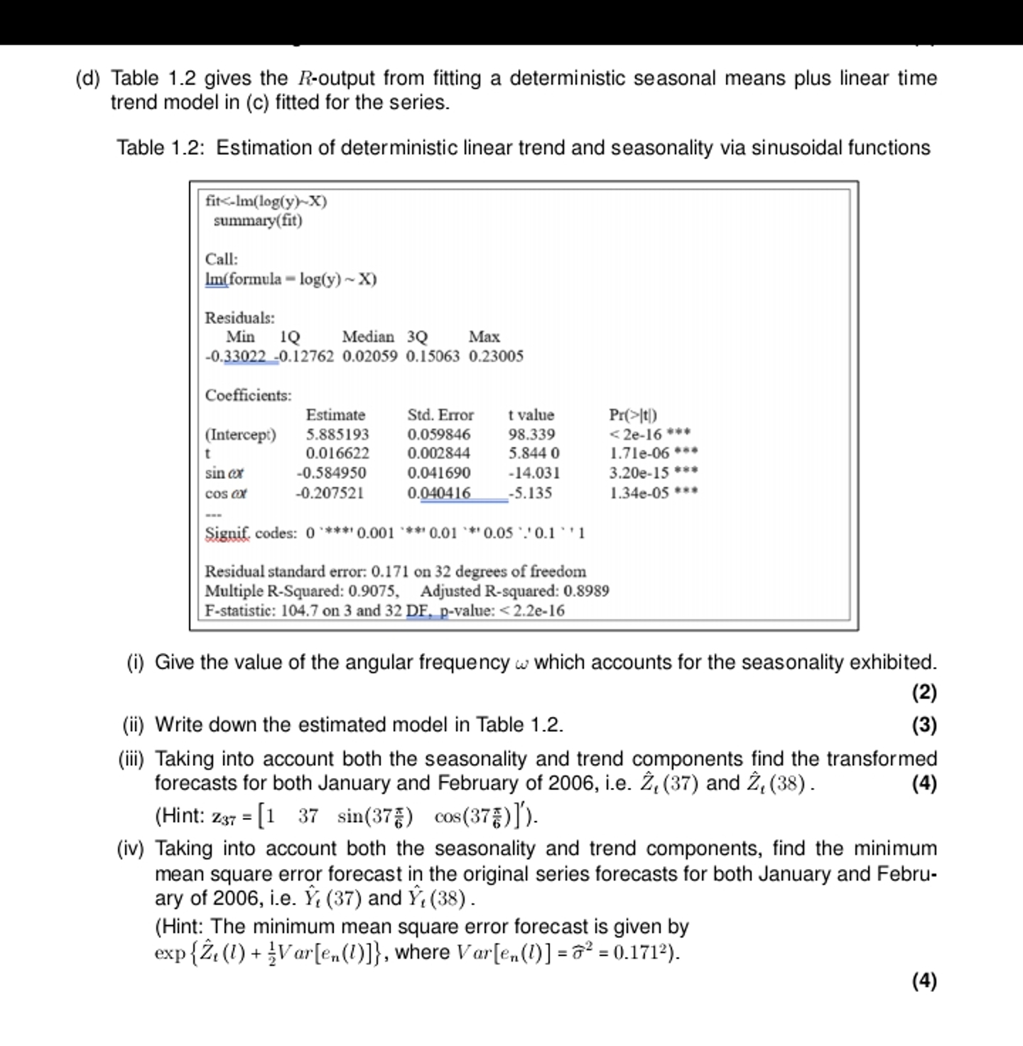 Solved (d) ﻿Table 1.2 ﻿gives the R-output from fitting a | Chegg.com
