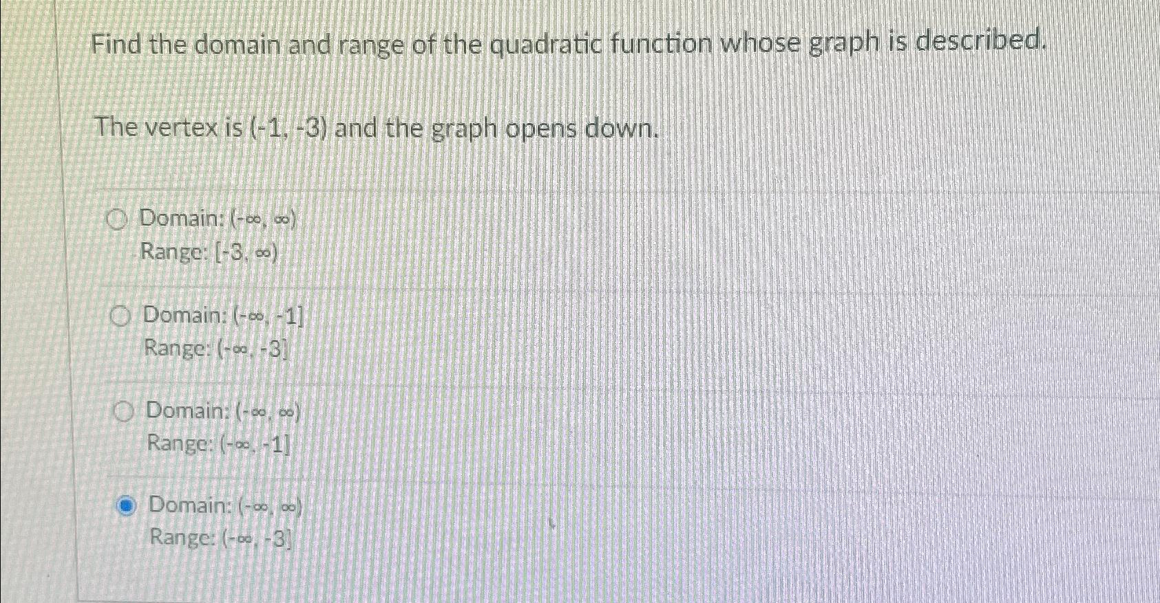Solved Find the domain and range of the quadratic function | Chegg.com
