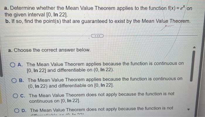 Solved a. Determine whether the Mean Value Theorem applies | Chegg.com