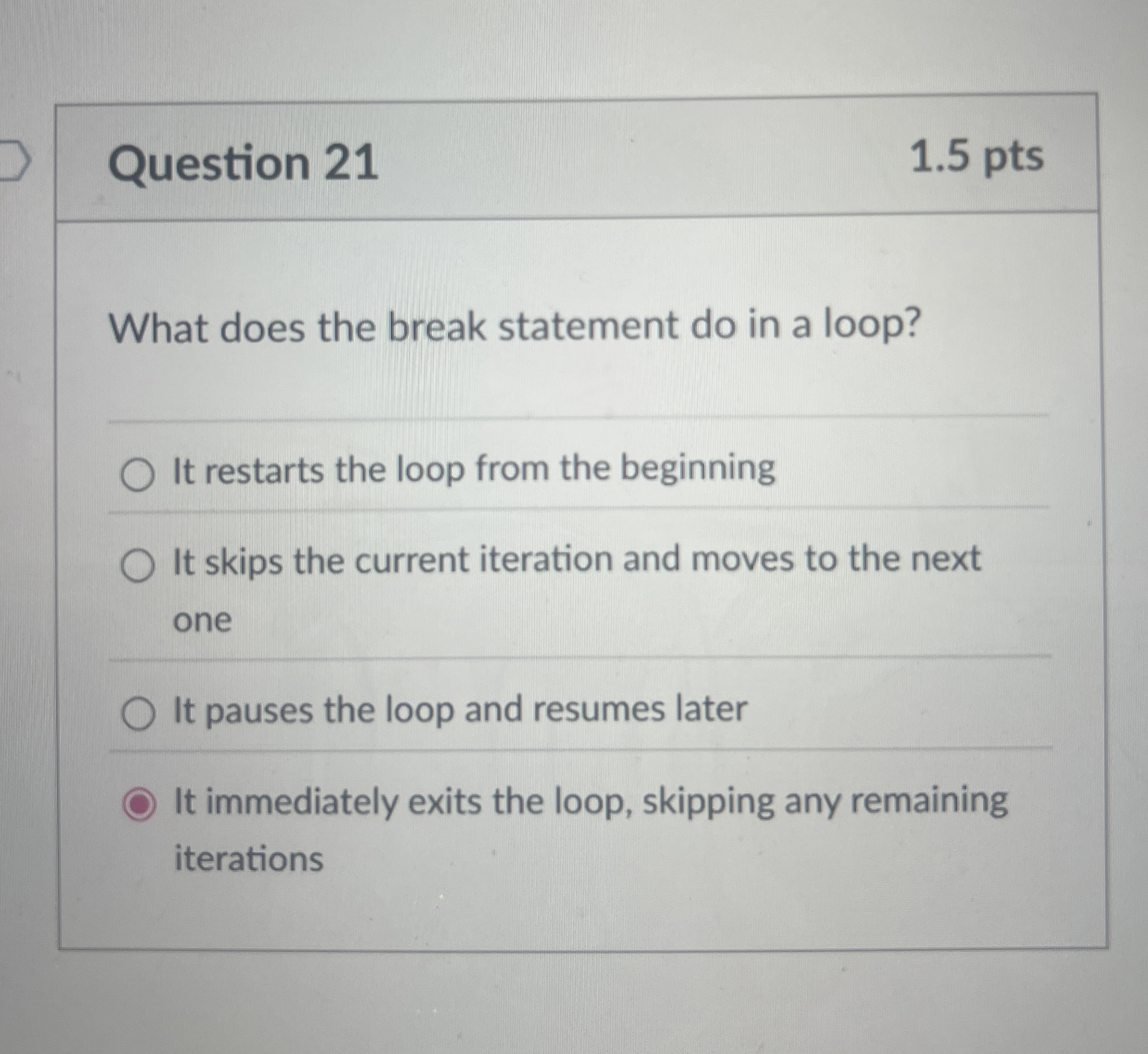 Solved Question 211.5 ﻿ptsWhat does the break statement do | Chegg.com