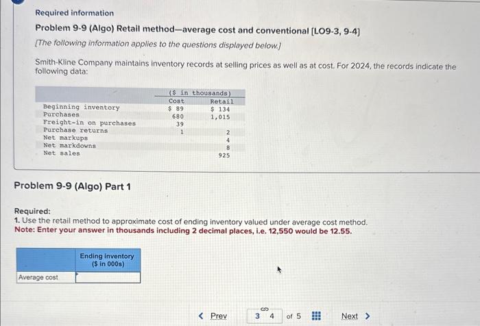 Solved Required information Problem 9-9 (Algo) Retail | Chegg.com