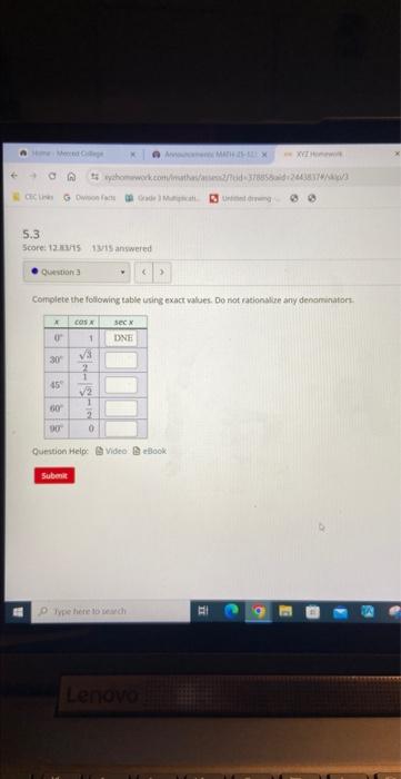Solved Complete the foabwing table using exact values. Do | Chegg.com