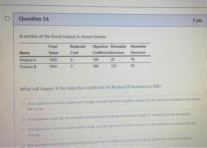 Solved Question 16 5 pts A section of the Excel output is | Chegg.com Solved Question 16 5 pts A section of the Excel output is | Chegg.com