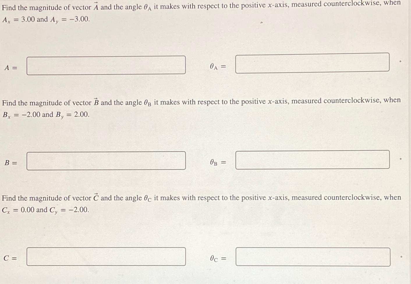 Solved Find the magnitude of vector vec(A) ﻿and the angle θA | Chegg.com