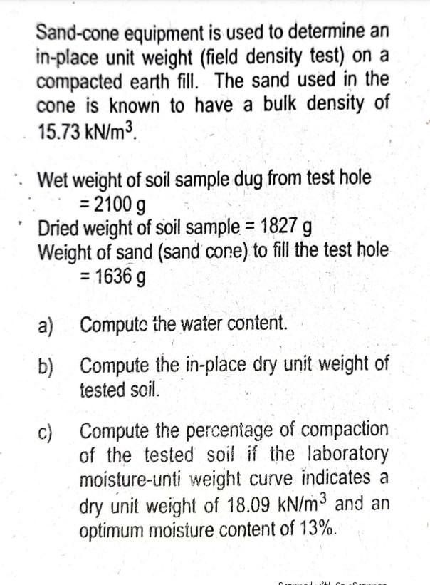 Solved Sand-cone equipment is used to determine an in-place | Chegg.com