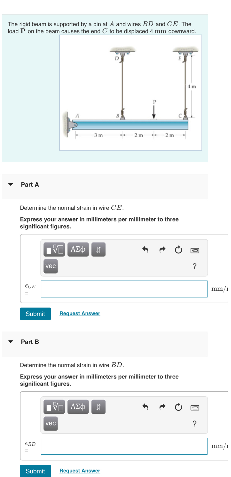 [Solved]: The rigid beam is supported by a pin at A and wire