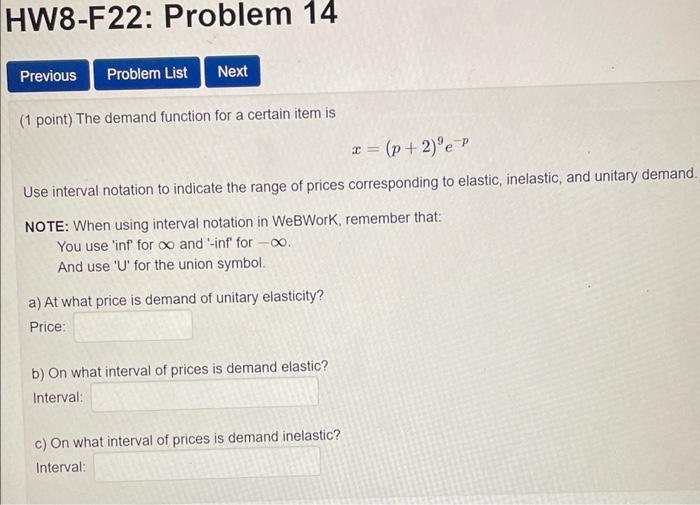 Solved ( 1 point) The demand function for a certain item is | Chegg.com