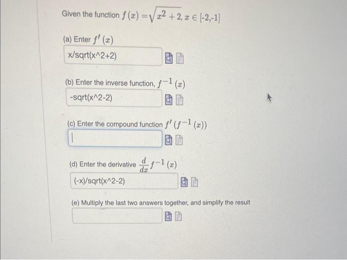 Solved ven the function f(x)=x2+2,x∈[−2,−1] ) Enter f′(x) | Chegg.com
