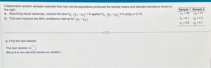 Solved Independent random samples selected from two normal | Chegg.com
