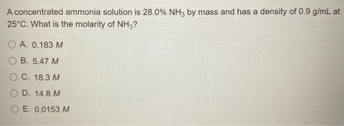 Solved A concentrated ammonia solution is 28.0% NH3 by mass | Chegg.com