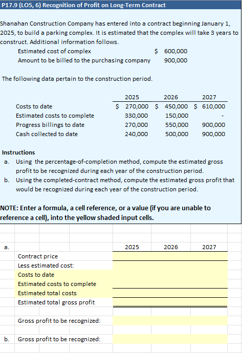 Solved P17.9 ﻿ LO5, 6) ﻿Recognition of Profit on Long-Term | Chegg.com