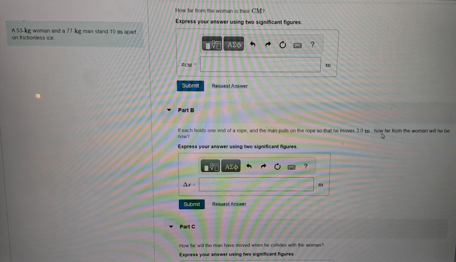 Solved A 53-kg ﻿woman and a 77-kg ﻿man stand 10m ﻿apart on | Chegg.com
