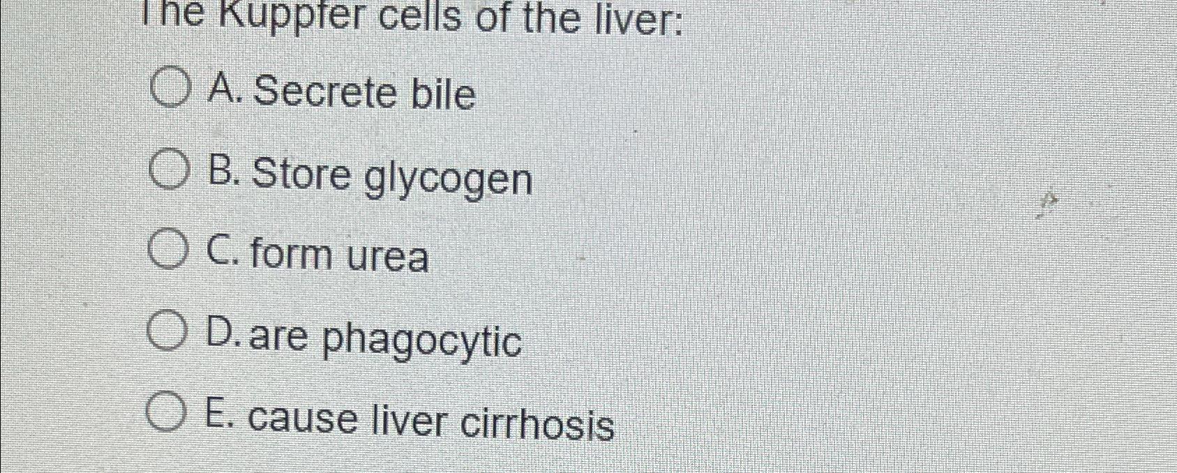 Solved The Kuppter cells of the liver:A. ﻿Secrete bileB. | Chegg.com
