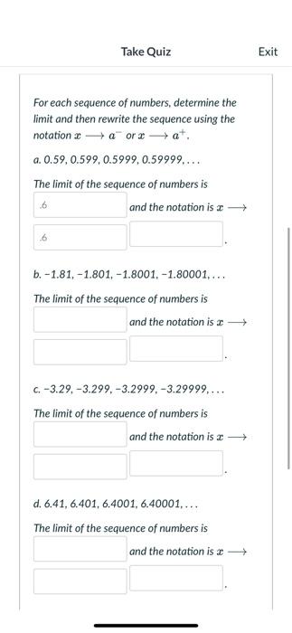 Solved For each sequence of numbers, determine the limit and | Chegg.com