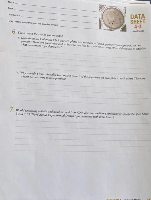 Solved Name Date Lab Section DATA SHEET I was present and | Chegg.com