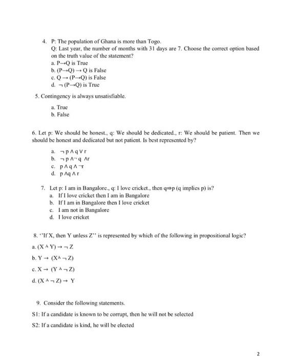 Solved 4. P: The population of Ghana is more than Togo. Q: | Chegg.com