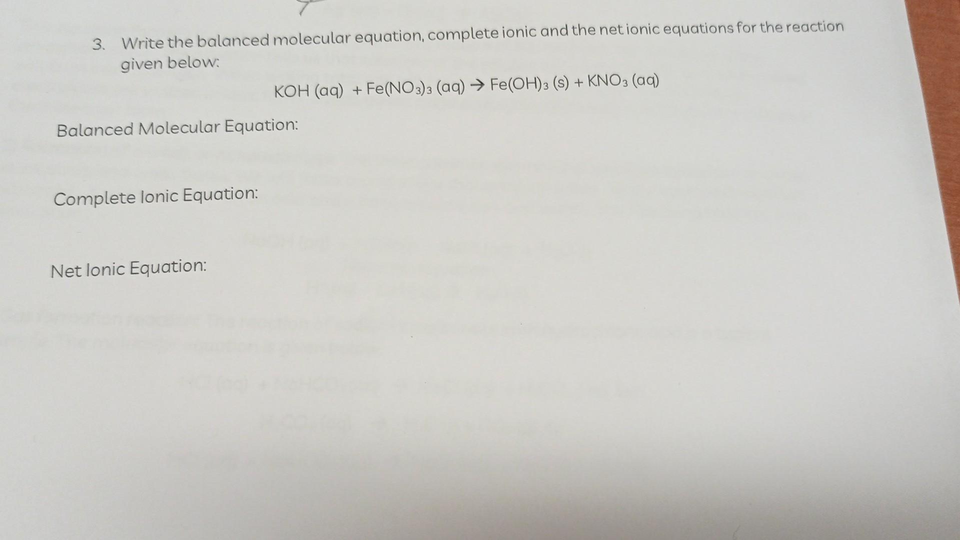 Solved 3. Write the balanced molecular equation, complete | Chegg.com