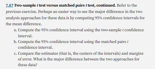 Solved 7.86 ﻿Two-sample t test versus matched pairs t test. | Chegg.com