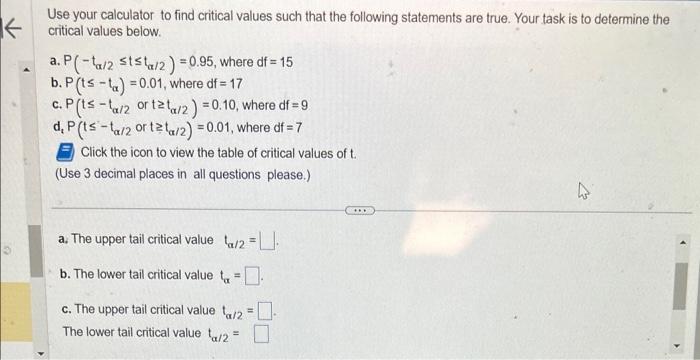 Solved Use your calculator to find critical values such that | Chegg.com