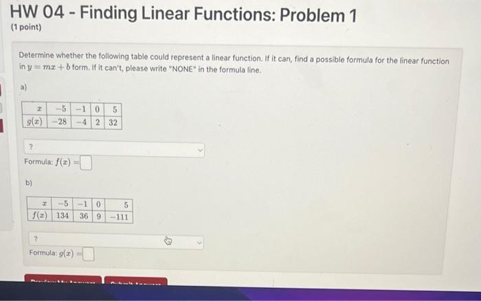 Solved HW 04 - Finding Linear Functions: Problem 1 (1 point) | Chegg.com