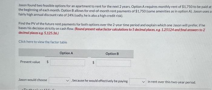 Solved Jason found two feasible options for an apartment to | Chegg.com