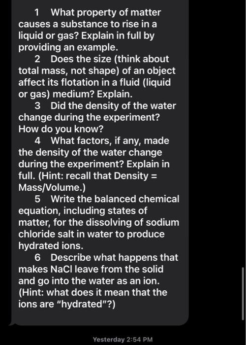 Solved 1 What property of matter causes a substance to rise | Chegg.com