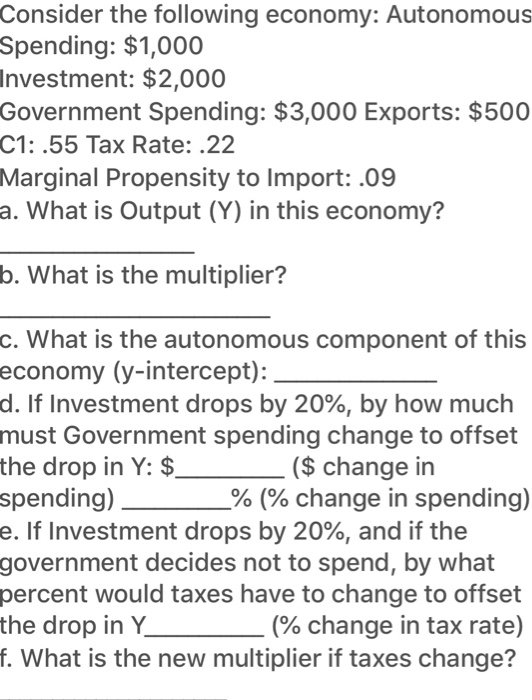 Solved Consider the following economy: Autonomous Spending: | Chegg.com